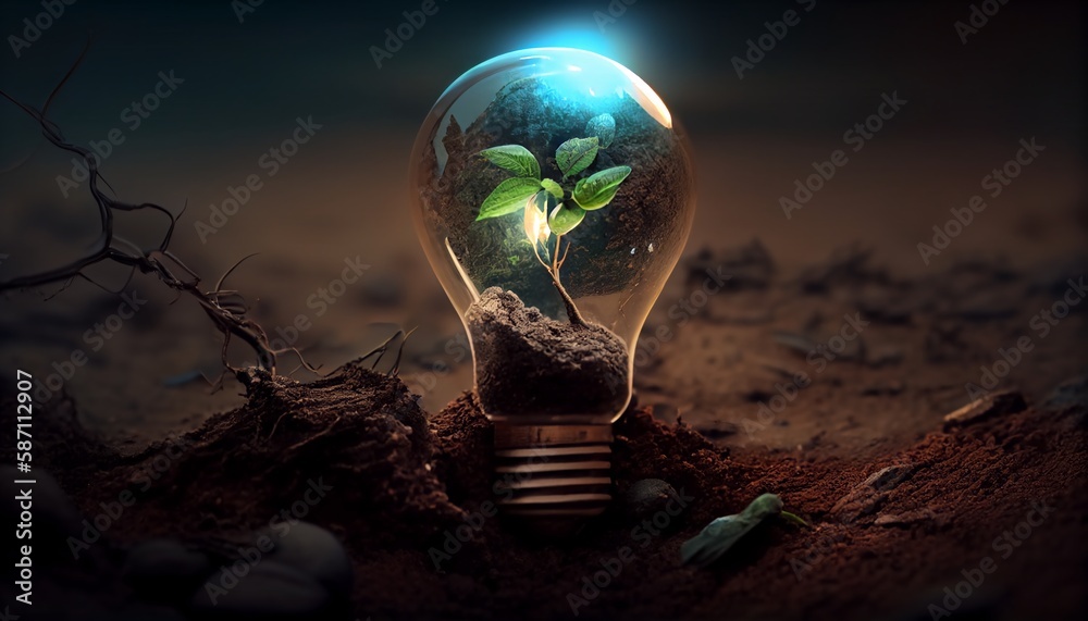 The tree growing on the soil in a light bulb. Creative ideas of earth ...