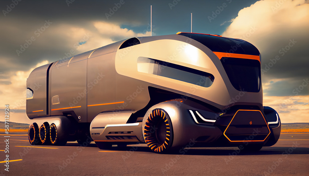 Futuristic electric truck on highway. Future city background. Electric ...