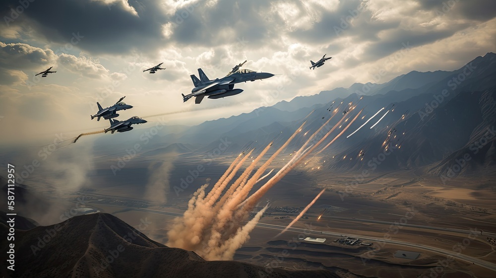 Fighter jets flying in a military combat zone. Bomber plane with ...