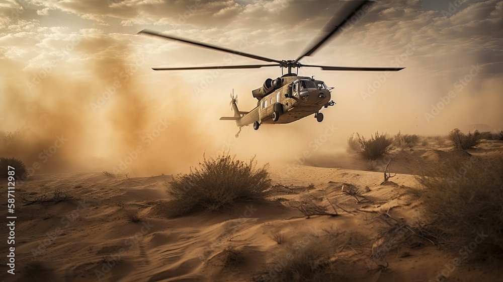 Military helicopter in active combat zone. War chopper aircraft flying ...