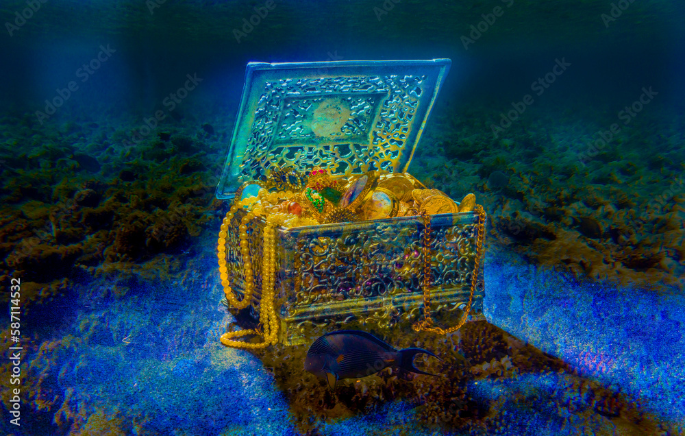 box with vintage jewelry underwater at the bottom. treasures under the ...