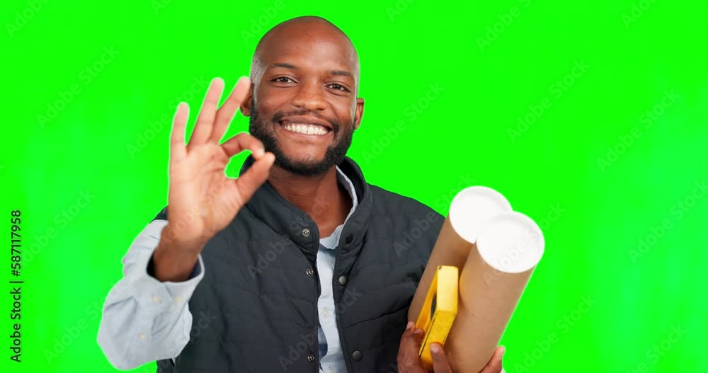 Black man, architect and green screen, okay hand sign with smile and ...