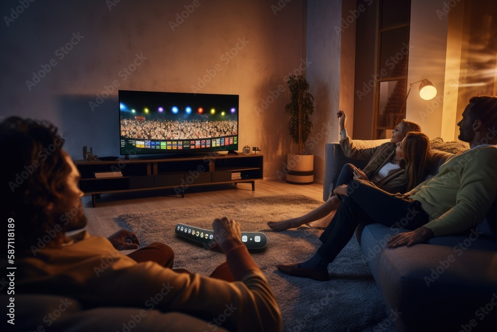 Friends using a remote to select a movie to watch. Late at night, a ...