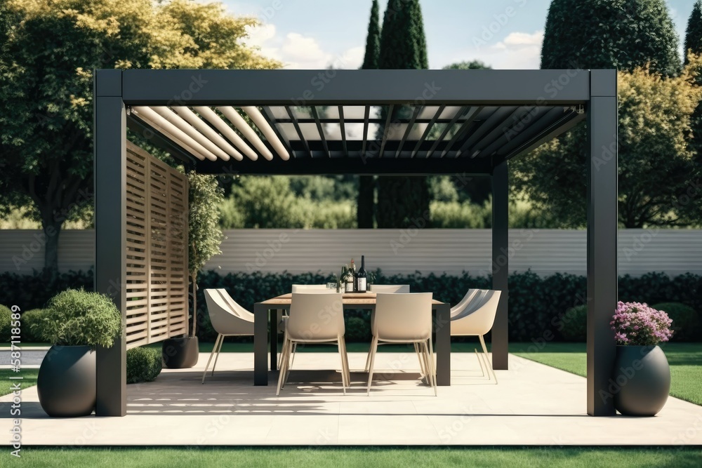 Modern patio furniture include a pergola shade structure, an awning, a ...