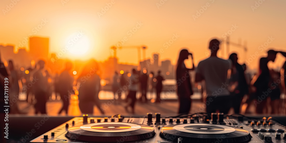 Party on the beach. Dj at sunset beach party in summer vacation outdoor ...