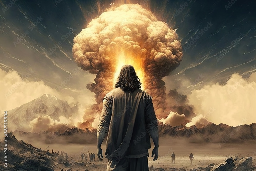 Jesus stands and looks at the atomic explosion back view, created with ...