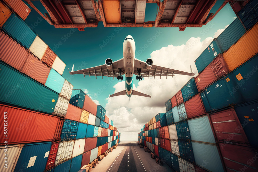 Cargo plane flying above stack of containers at container port ...