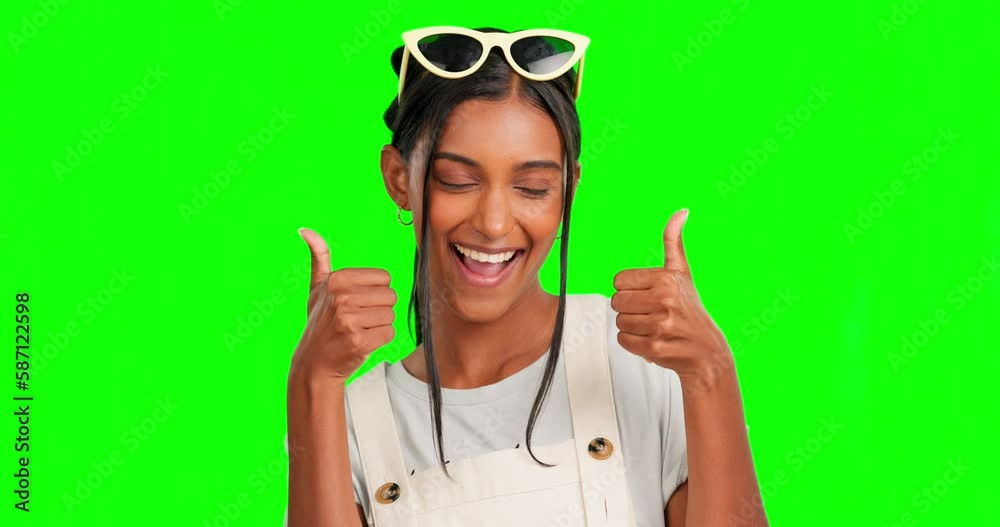 Excited thumbs up, green screen face or woman with yes emoji gesture ...