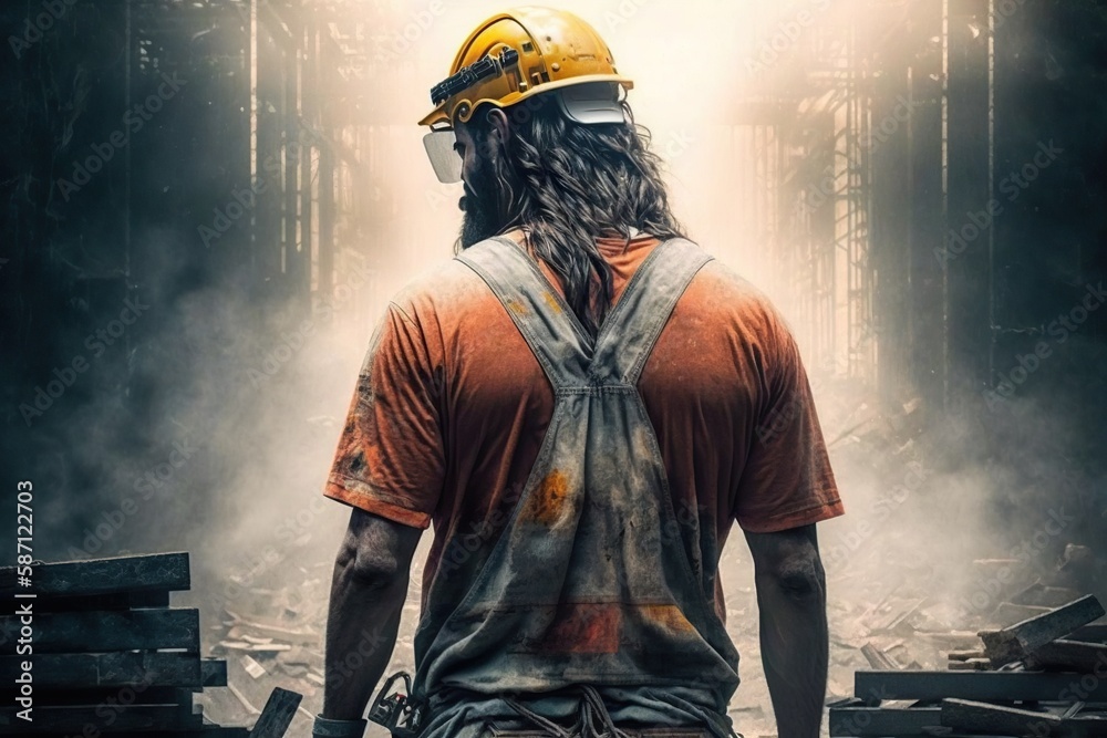 Jesus working as a construction worker. back view, created with ...