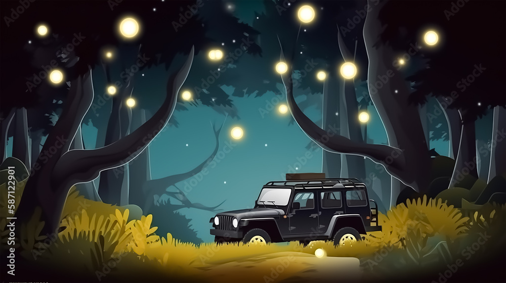 offroad car 4x4 adventure in magical forest surrounded by fireflies ...