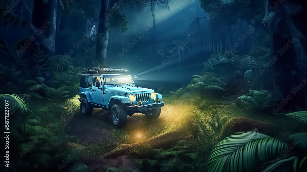 offroad car 4x4 adventure in magical forest surrounded by fireflies ...