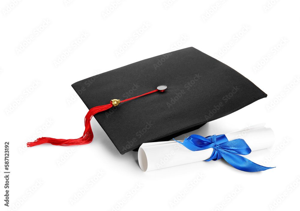 Diploma with blue ribbon and graduation hat isolated on white ...