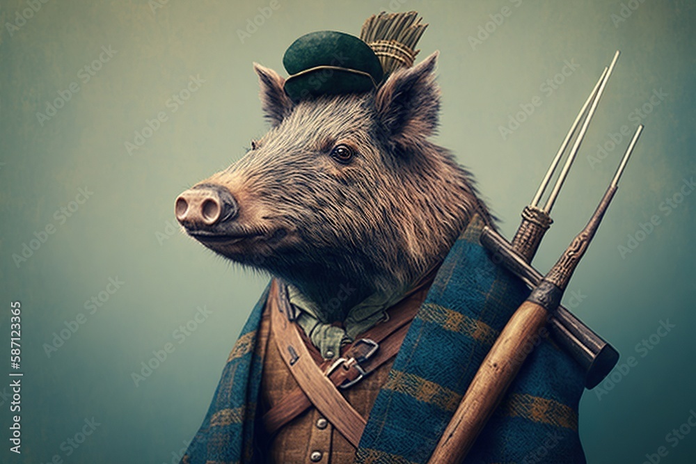 happy boar dressed as a hunter created with Generative AI technology ...
