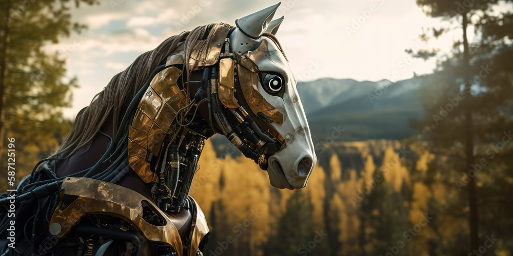 amazing photography of a cyborg horse in the nature, futuristic, robot ...