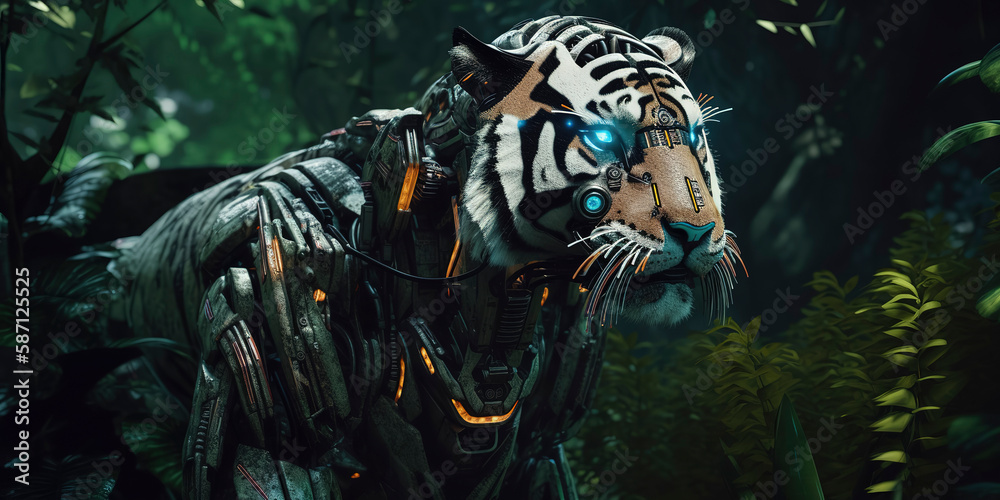 amazing photography of a cyborg tiger in the jungle, jungle, futuristic ...
