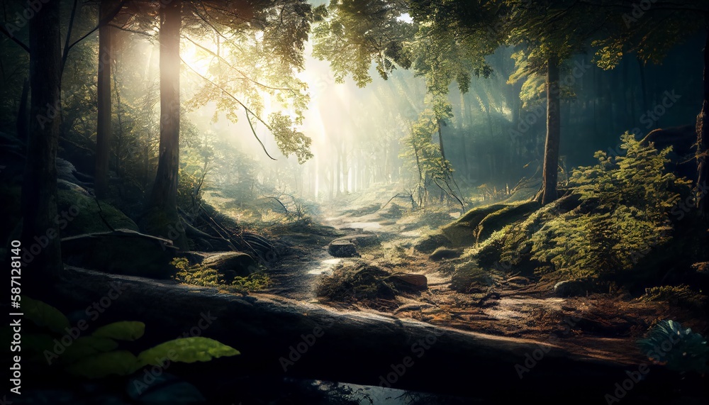 Beautiful deep forest scene. Light beam in woodland. Forest wood ...
