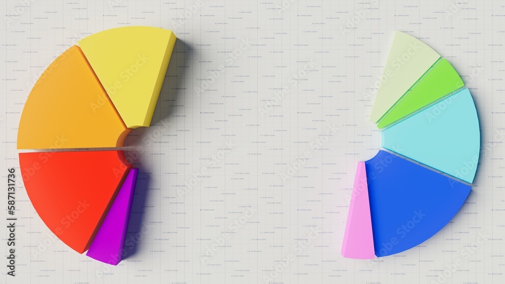 Pie chart separated in half of different colors on white table ...