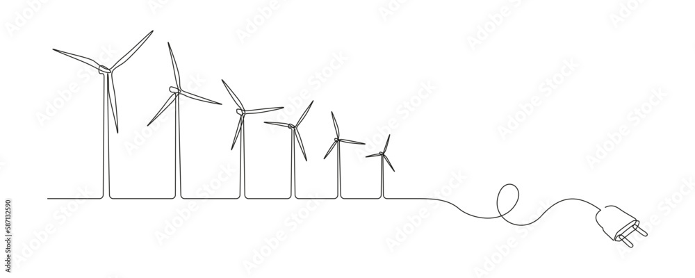 Wind turbines and plug in one continuous line drawing. Green energy and ...
