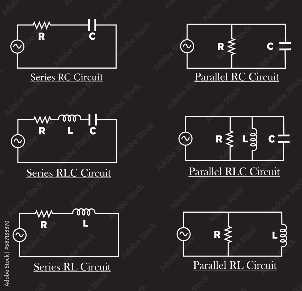 Different types of electric circuit isolated on black background (RC ...