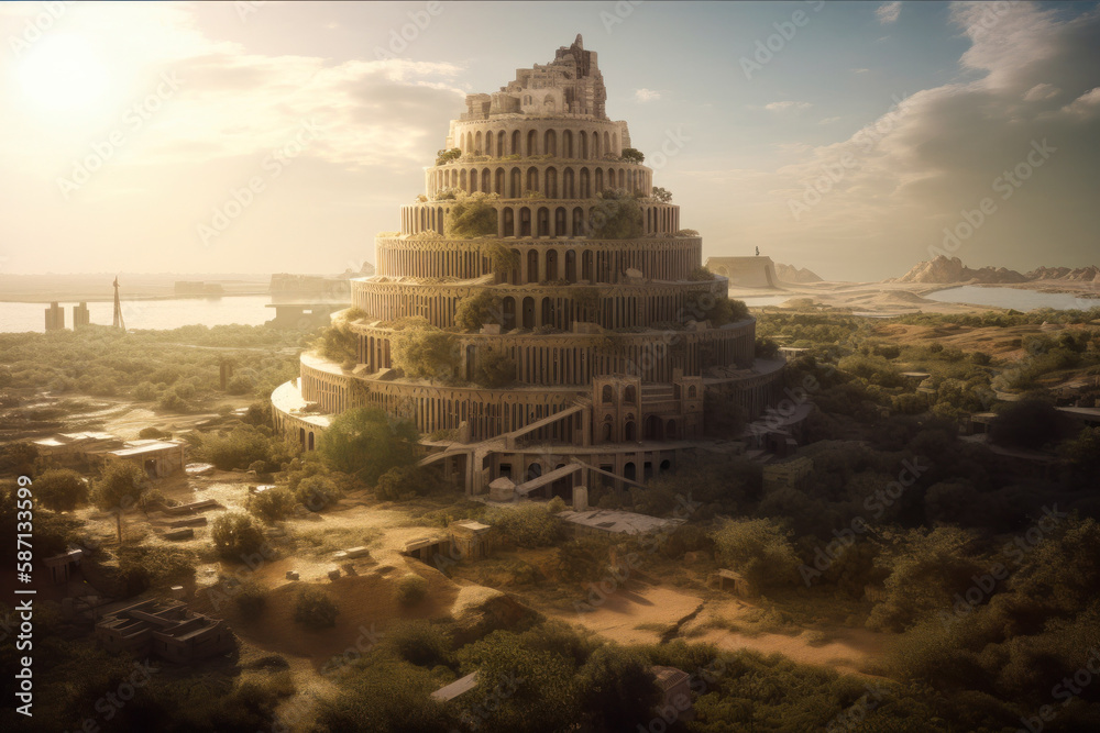 Ancient city of Babylon with the tower of Babel, bible and religion. AI ...