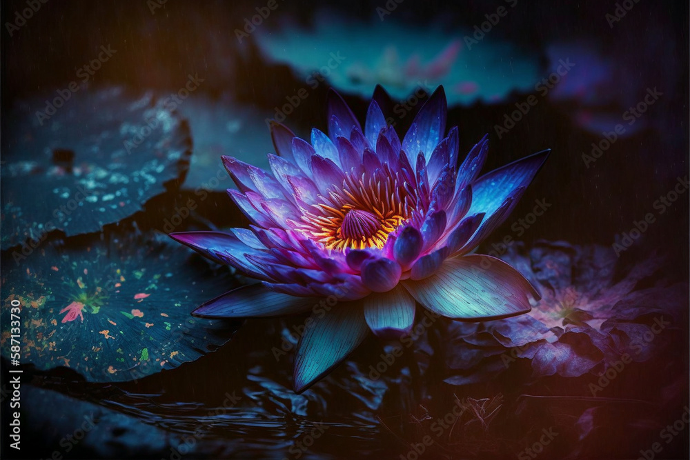 lotus white light purple floating light sparkle background with copy ...