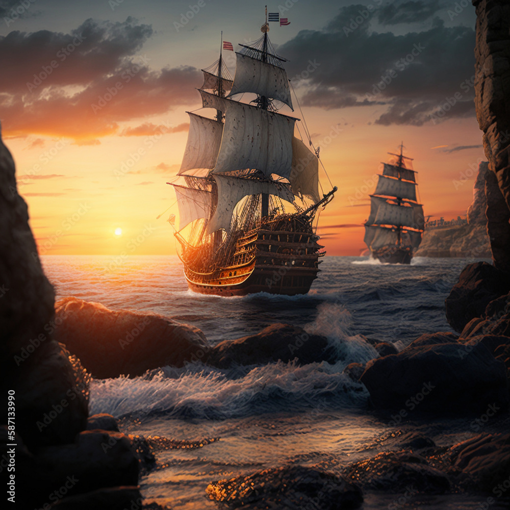 Susan Constant, Godspeed, and Discovery ships crossing the Atlantic and ...