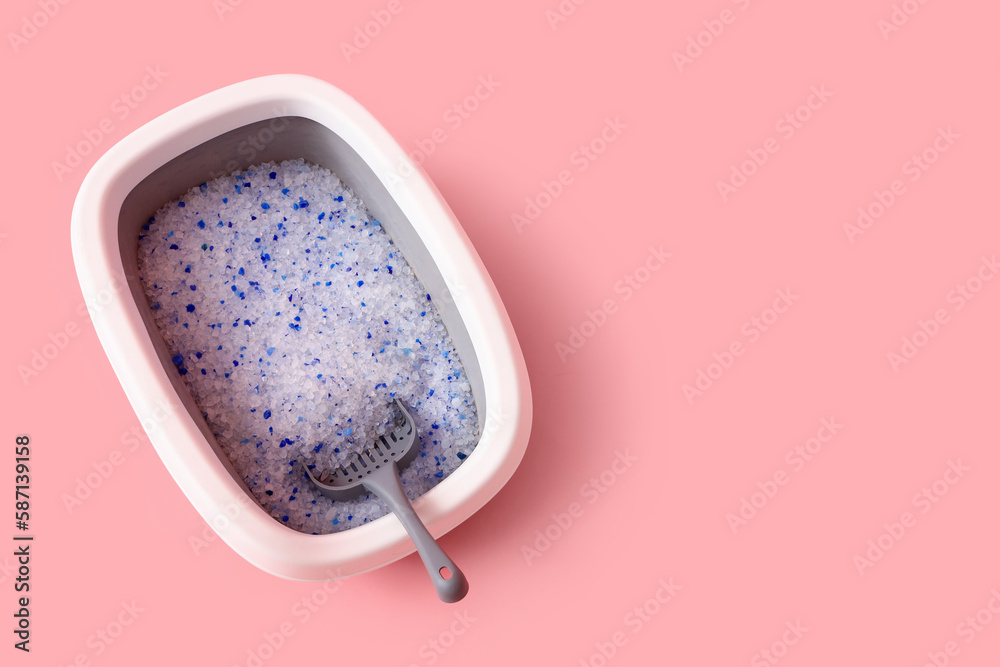 Litter box for cat on pink background, top view Stock Photo | Adobe Stock