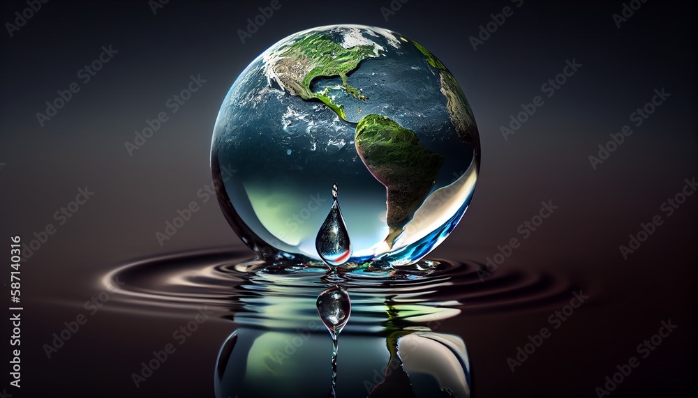 Water, planet and climate change with the earth in a puddle as a symbol ...