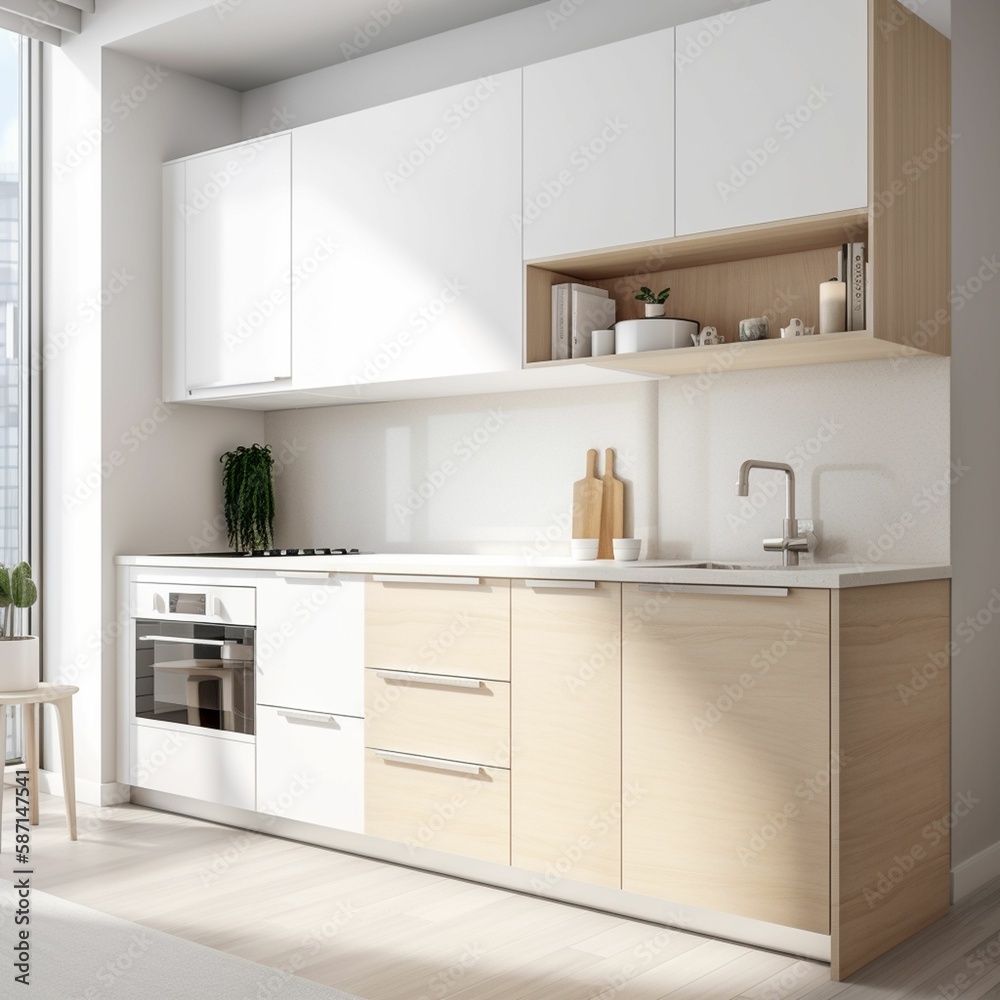 side view Minimalist kitchen in a small studio, functional and ...