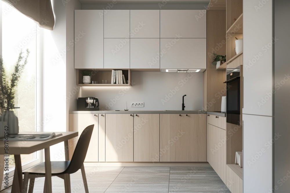 side view Minimalist kitchen in a small studio, functional and ...