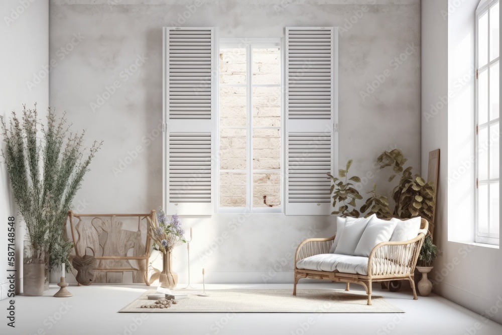 External plaster wall with white window with shutters, presenting ...