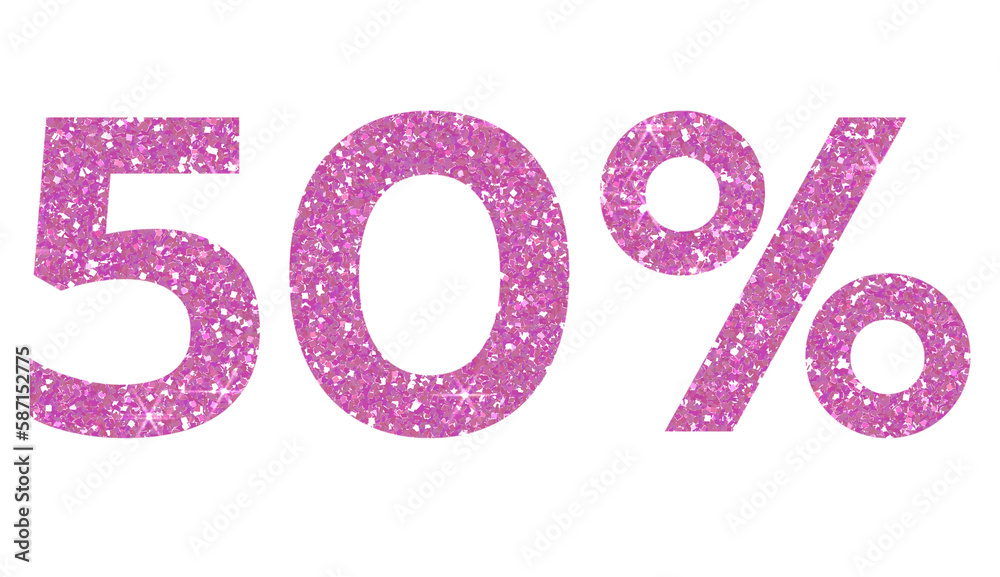 Pink glitter 50% on transparent background. 50 percent. Sales concept ...