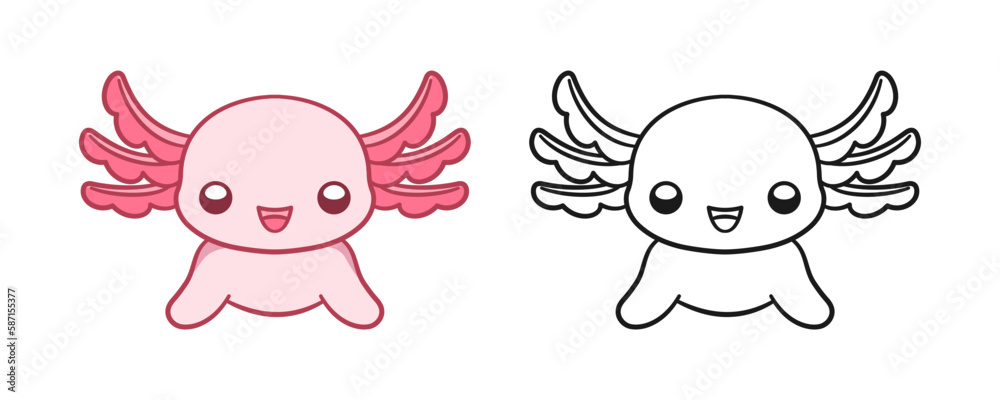 Happy axolotl head cartoon colored and outline vector illustration set ...