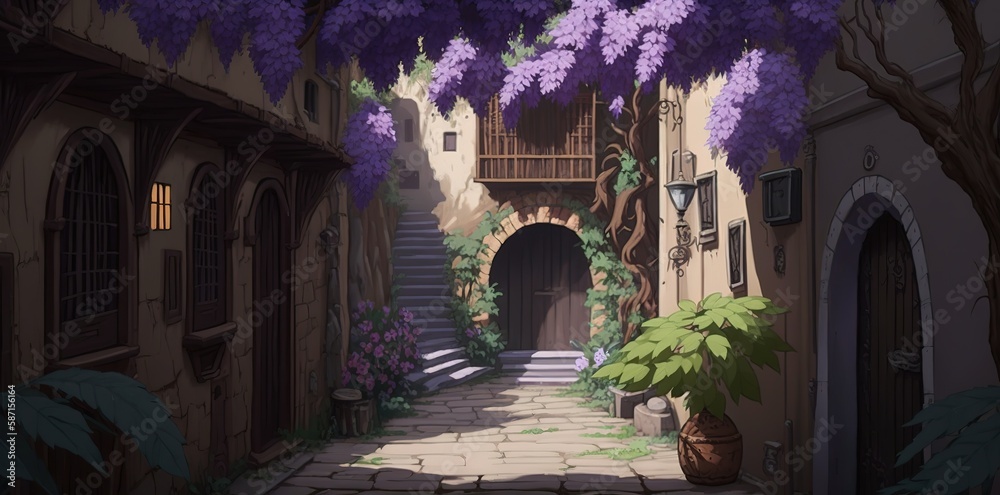 Animated backdrop of a wisteria-lined medieval passageway to set the ...