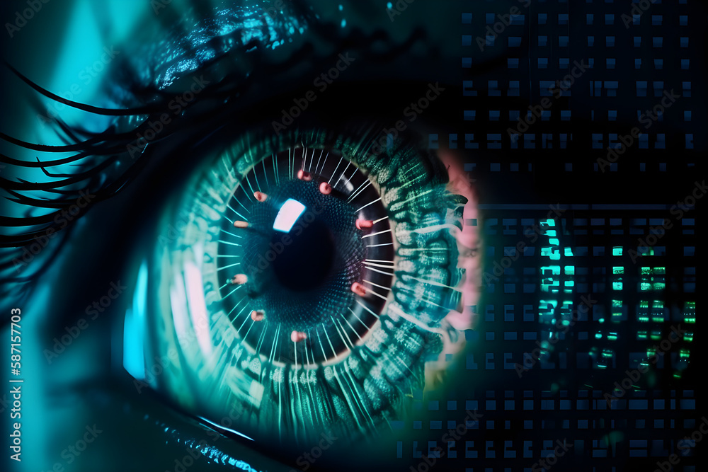 Glitched eyes with digital information in the iris. matrix concept. sci ...