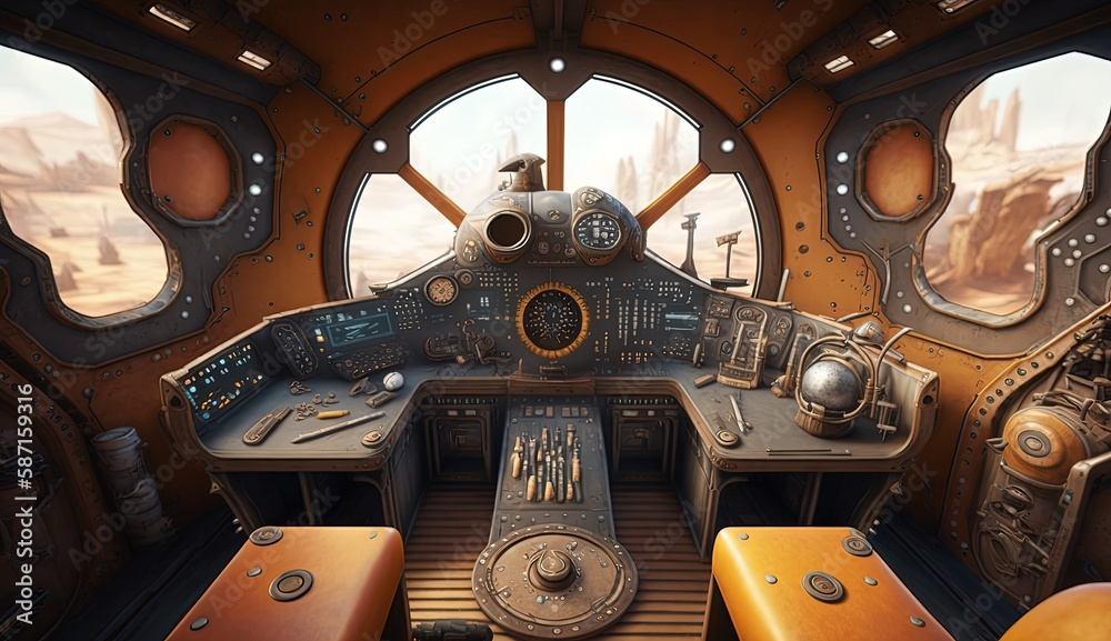 Spaceship cockpit interior, with a steampunk generative ai Stock ...