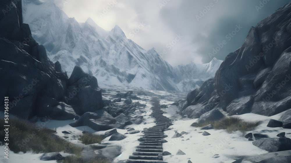 treacherous pathway between two huge scaled snowing mountains, a ...