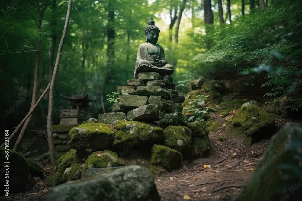 Green golden Buddha statue sits on the rock pile among forest trees ...