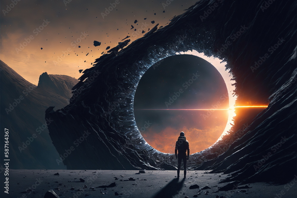 Spaceman travel through the space with mysterious sci-fi fantasy portal ...