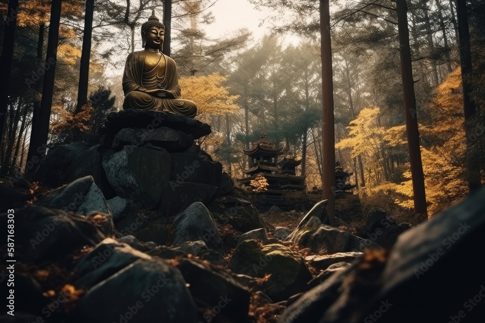 Green golden Buddha statue sits on the rock pile among forest trees ...