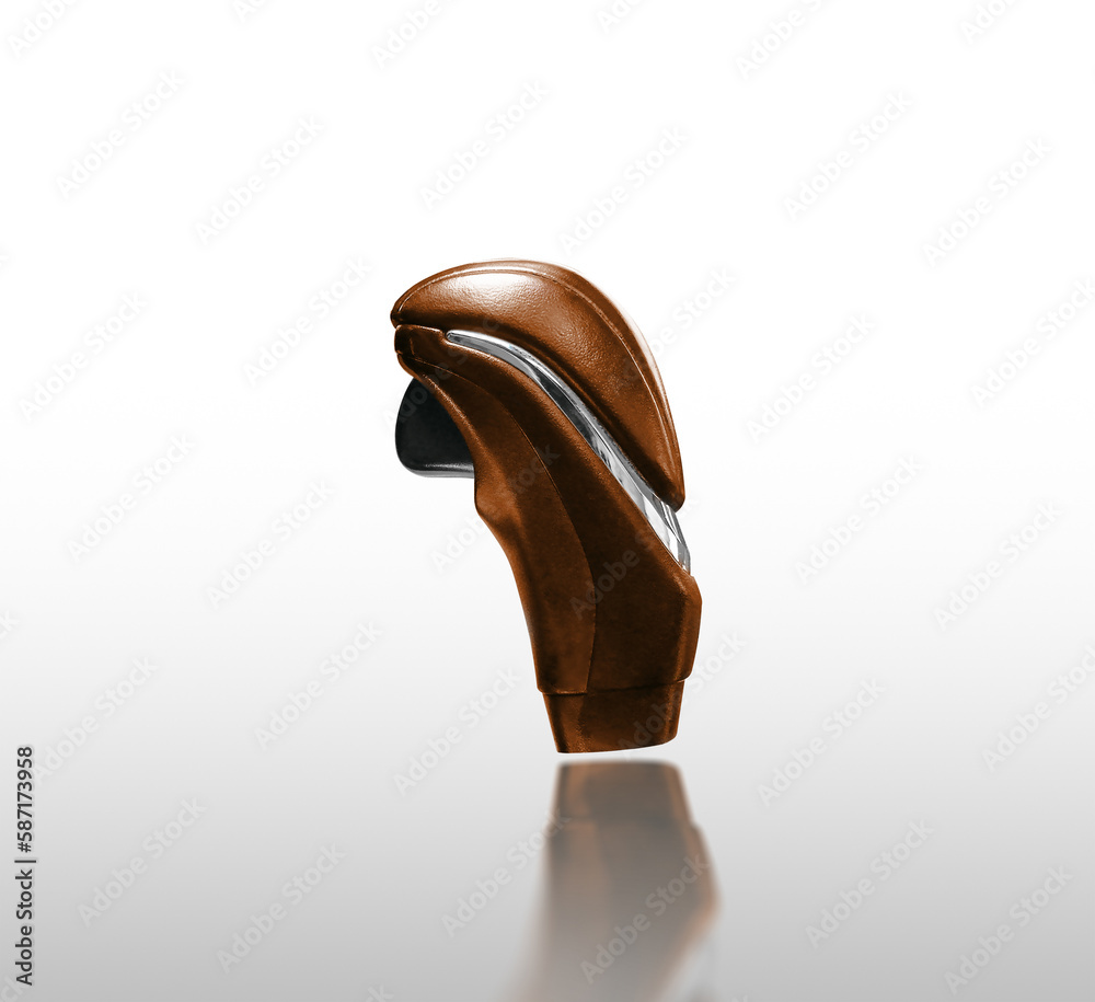 Brown leather car gear knob isolated with chrome stripe and push button ...