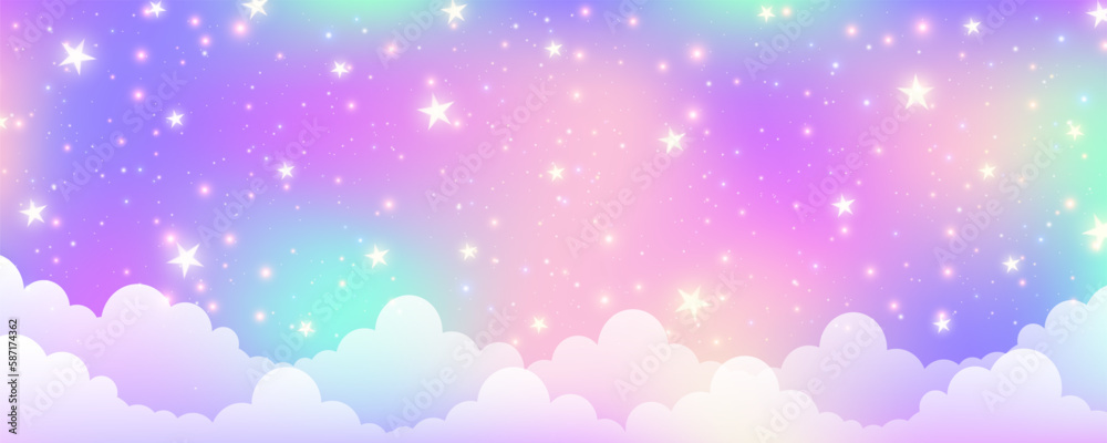 Fantasy Pink Unicorn Background With Clouds And Stars Pastel Color Sky Magical Landscape