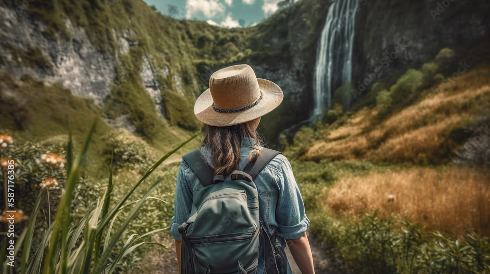 backpack nature concept, woman turning back hiking wearing hat backpack ...