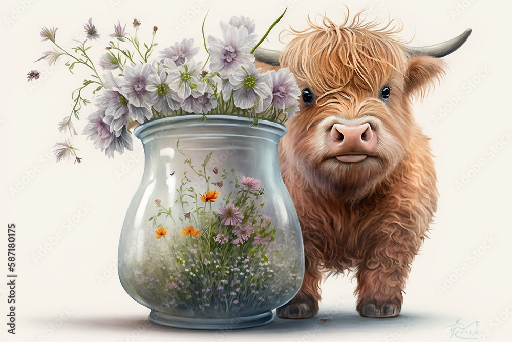 Cute Baby Highland Cow On Vase Spring Flowers, Spring Season ...
