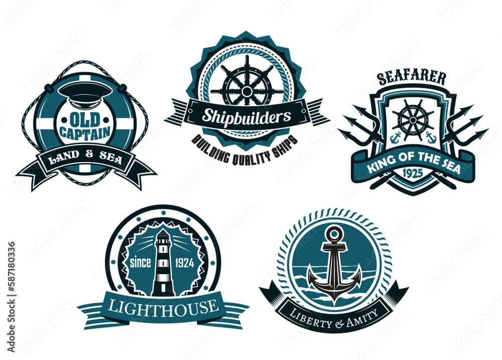Nautical themed emblems and badges depicting a life buoy, helms ...