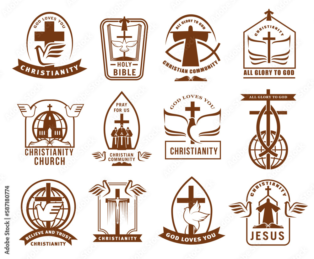 Christian community, church or mission icons set. Christianity religion ...