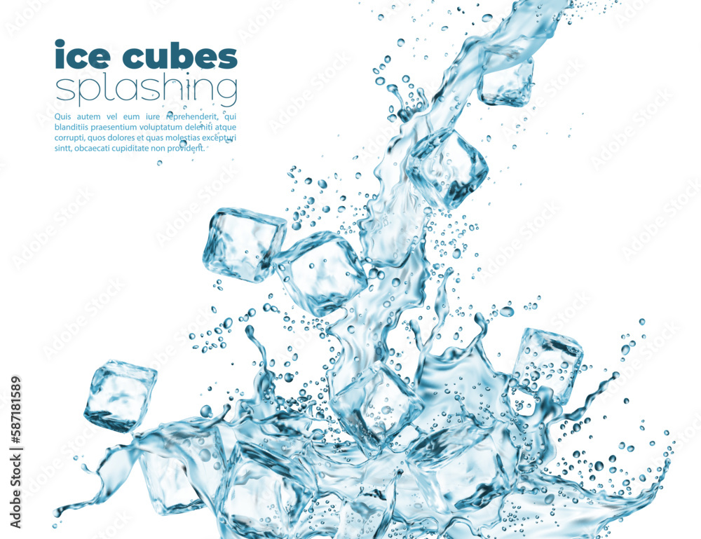 Blue water wave cascade splash with ice crystal cubes, vector realistic ...