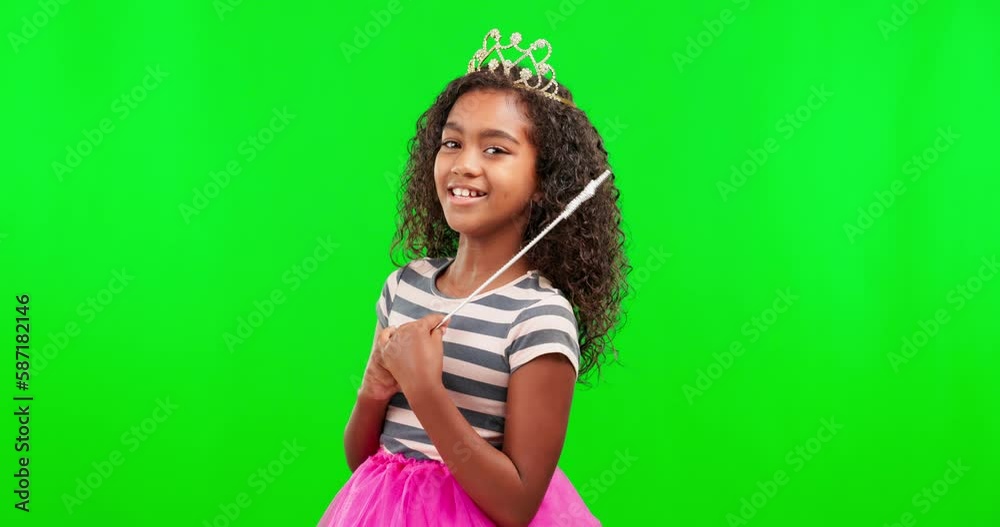 Kids, wand and a girl on a green screen background in studio as a fairy ...