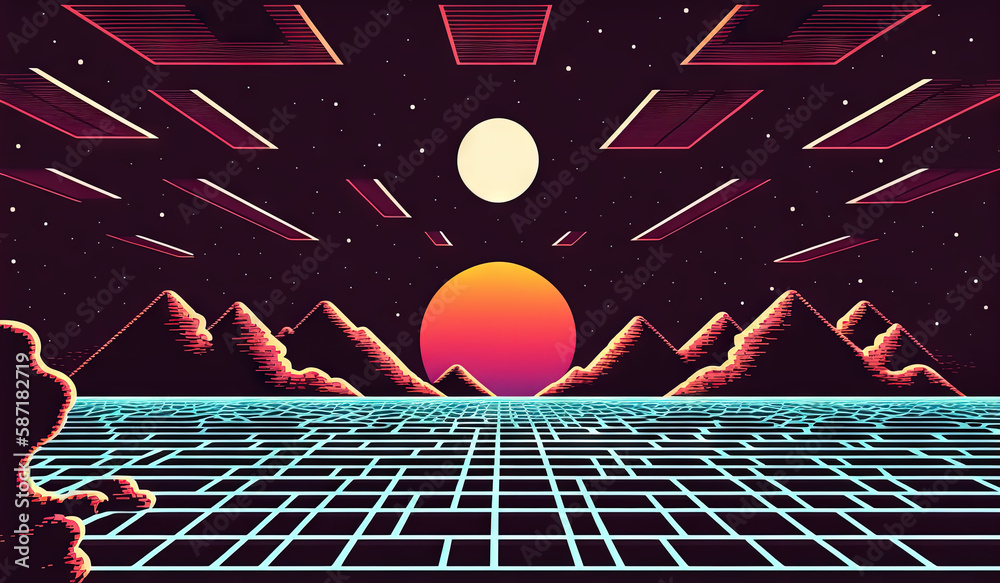 Retro styled sci-fi landscape with mountains. Retro futuristic science ...