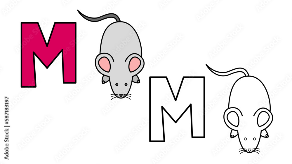 Cartoon mouse and letter M coloring book vector illustration for ...